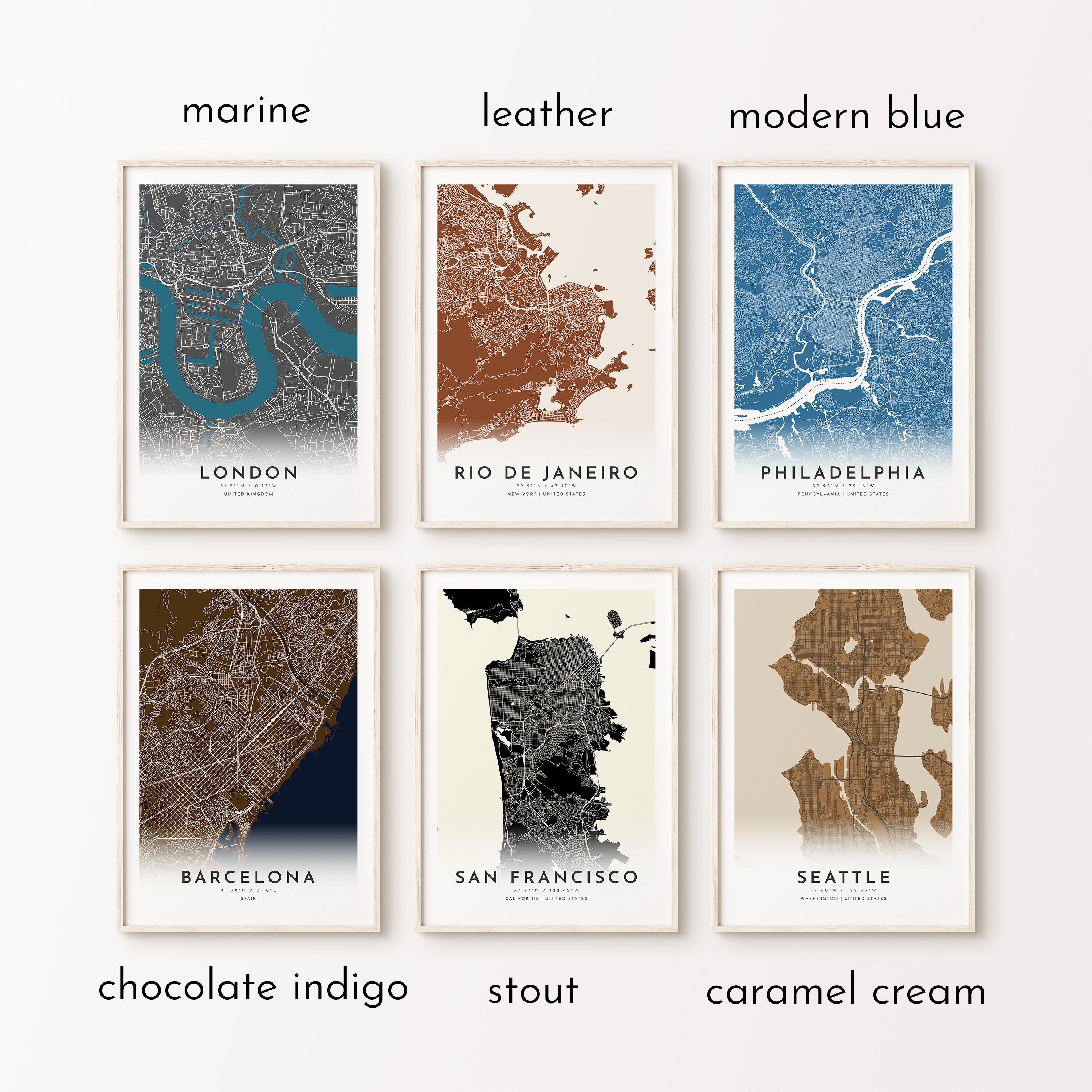 Personalized Map Print, Set of Four, Map Prints, Custom Locations, City ...