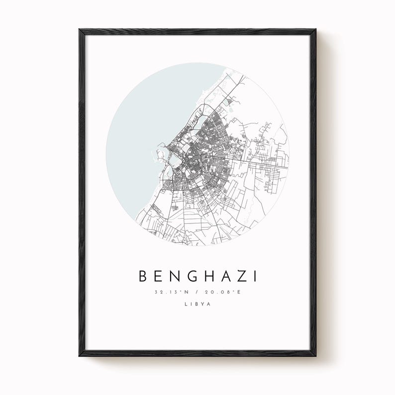 Benghazi City Map: Modern Wall Art Prints (matte Paper, Various Sizes ...