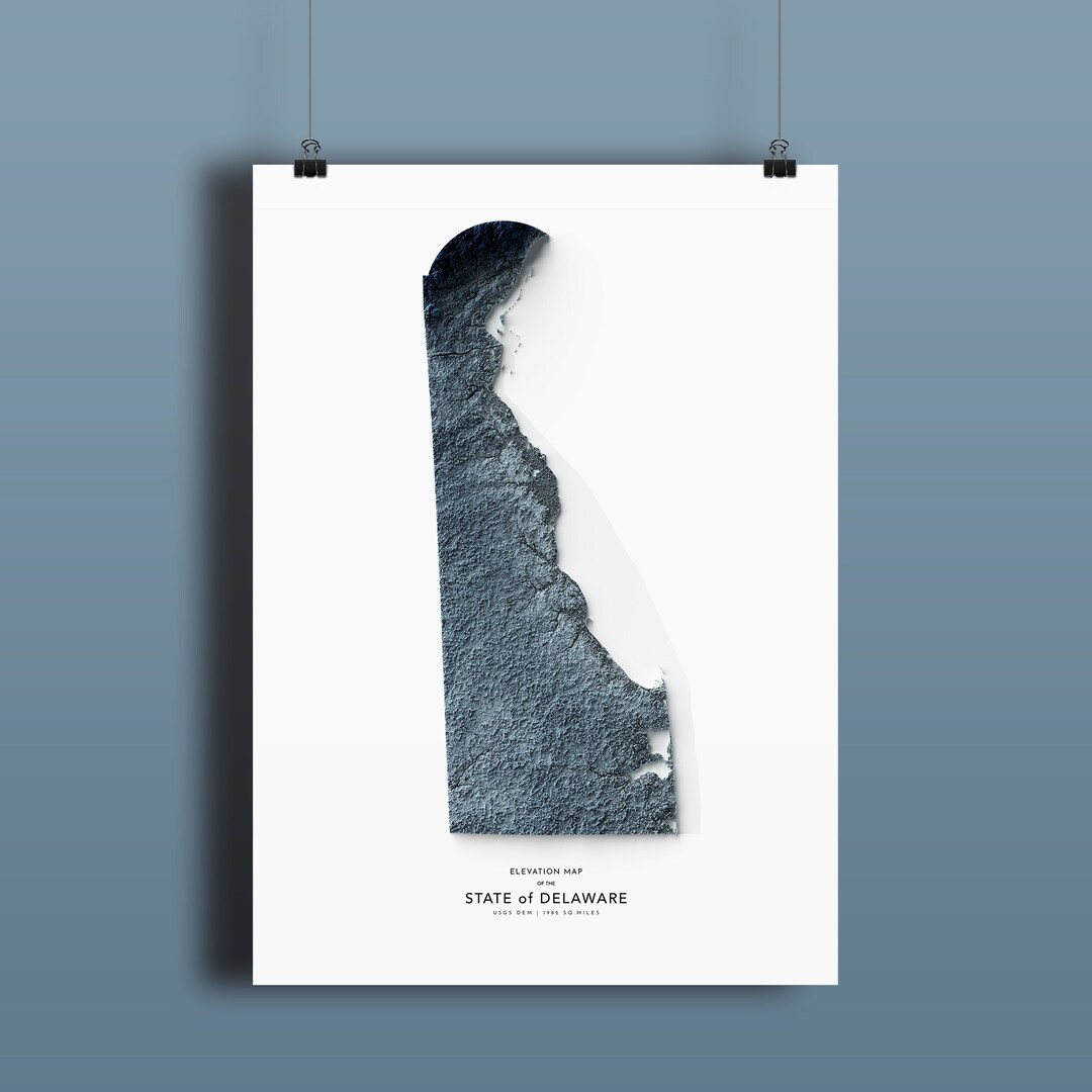 Delaware Map, Elevation Map Print, Map Artwork, Delaware Landscape ...
