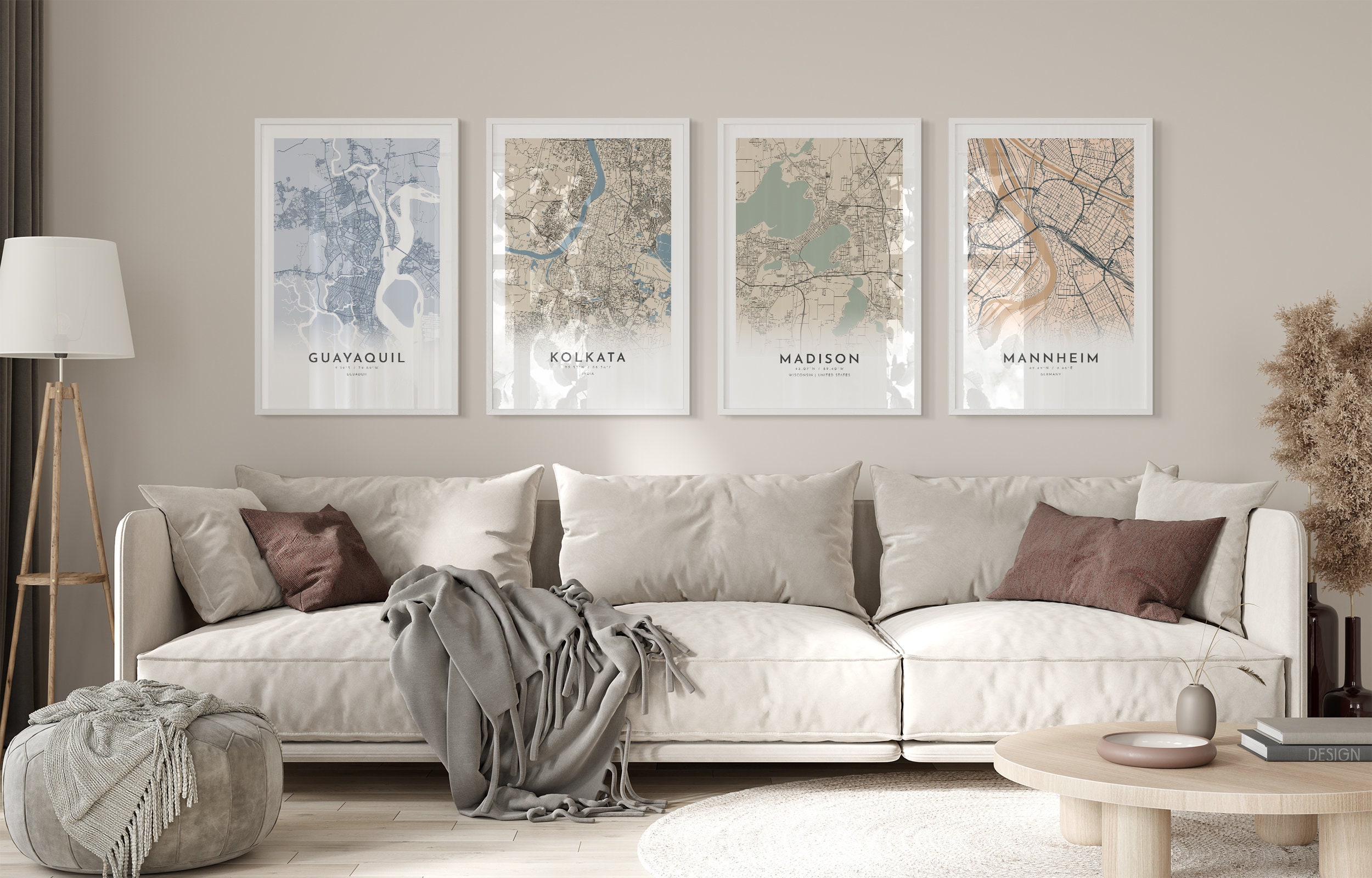 Personalized Map Print, Set of Four, Map Prints, Custom Locations, City ...