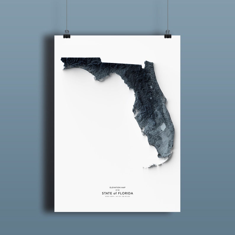 Florida Map, Elevation Map Print, Map Artwork, Florida Landscape ...