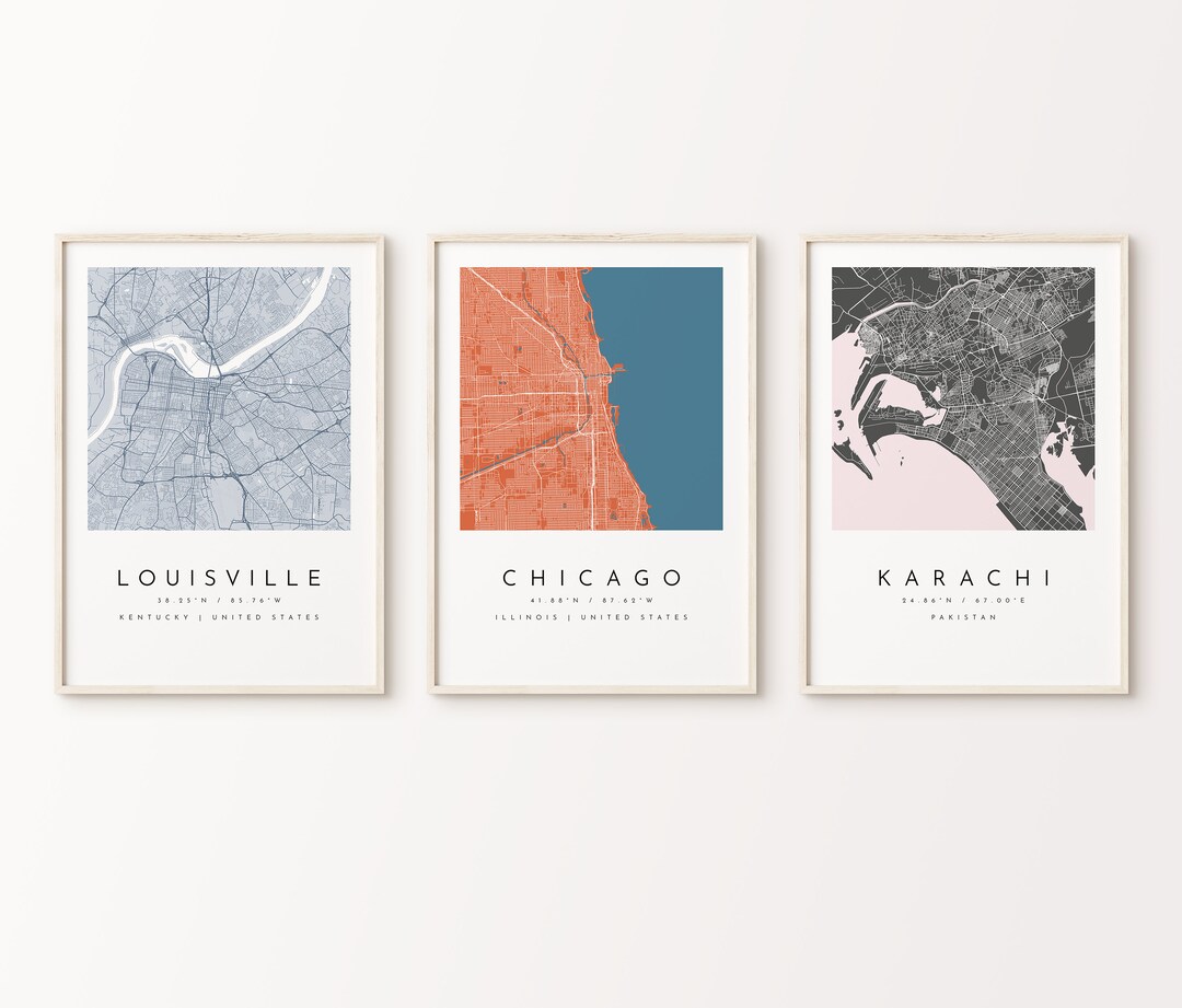 Personalized Map Print, Set of Three, Map Prints, Custom Locations ...