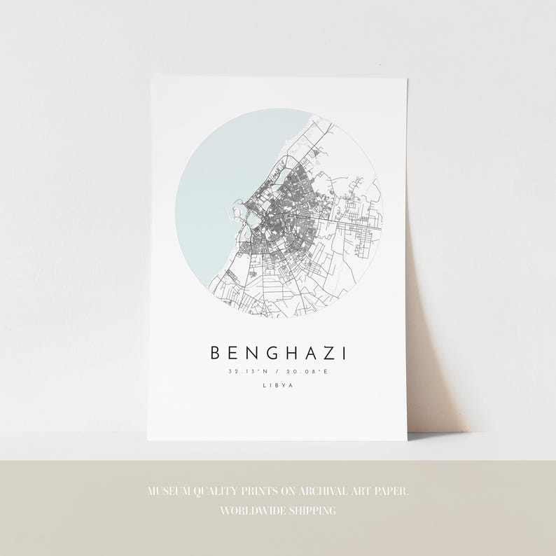 Benghazi City Map: Modern Wall Art Prints (matte Paper, Various Sizes ...