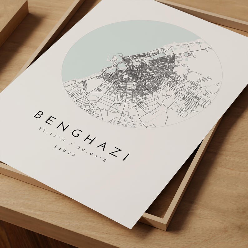 Benghazi City Map: Modern Wall Art Prints (matte Paper, Various Sizes ...