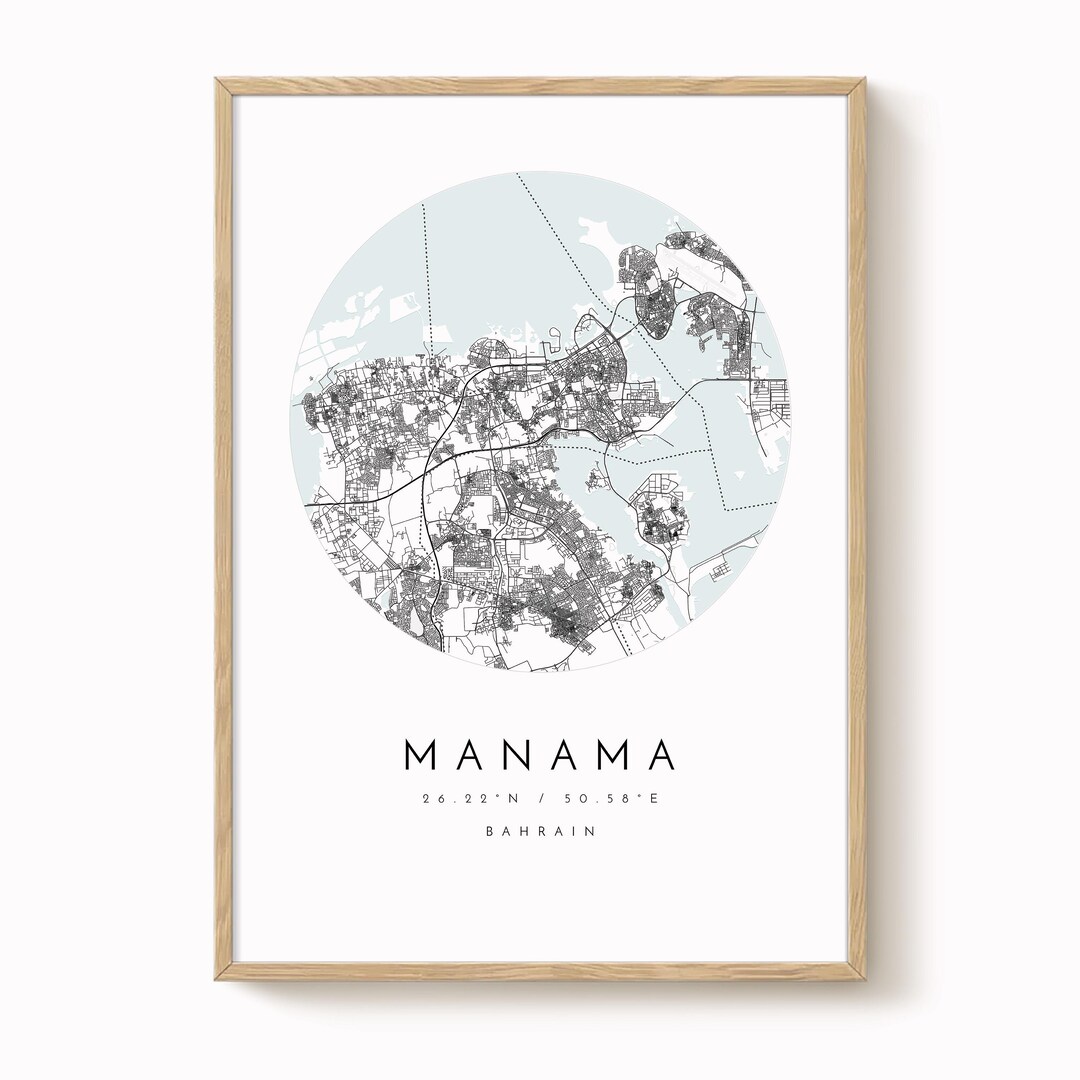 Manama Map Print: Modern Minimalist Design - Soft Blue Tones - Etsy