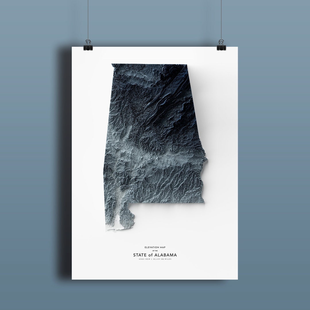 Alabama Map, Elevation Map Art Print, Map Artwork, Alabama Landscape ...