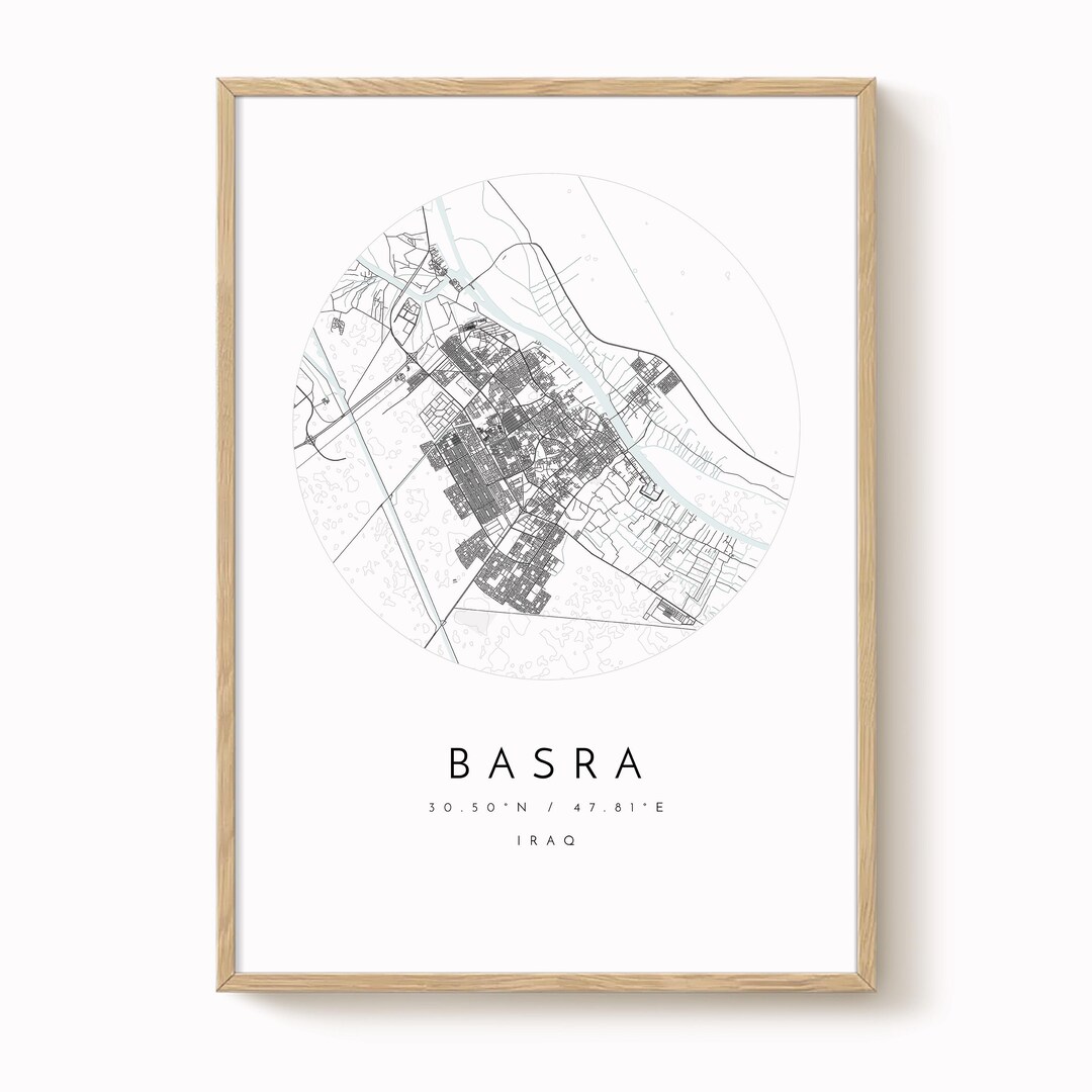 Basra City Map Print: Minimalist Wall Art in Soft Blue and Grey - Etsy