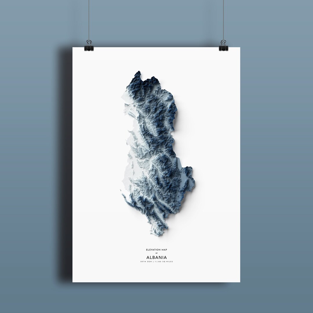 Albania Map, Elevation Map Print, Map Artwork, Albania Landscape ...