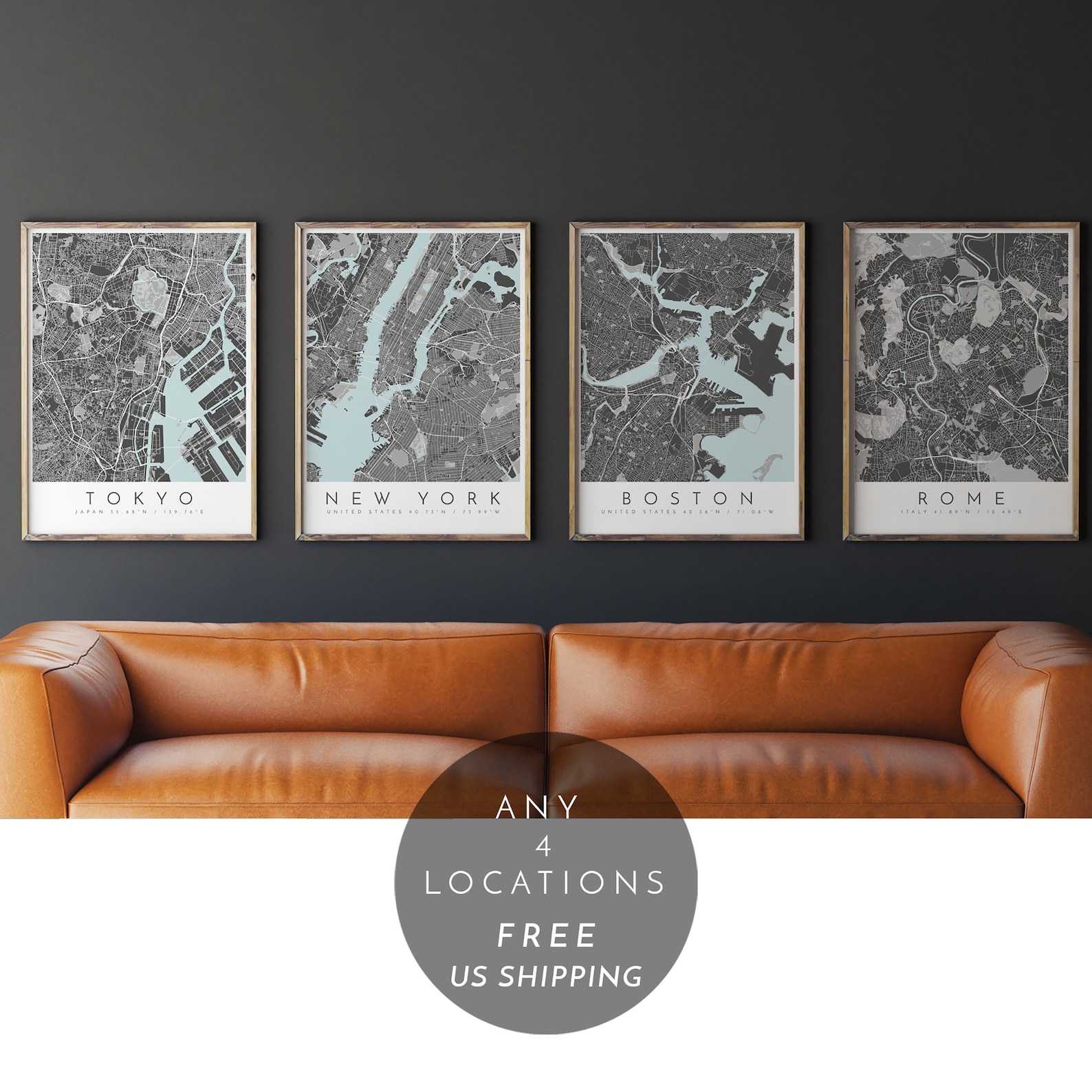 Personalized Map Print, Set of Four, Map Prints, Custom Locations, City ...