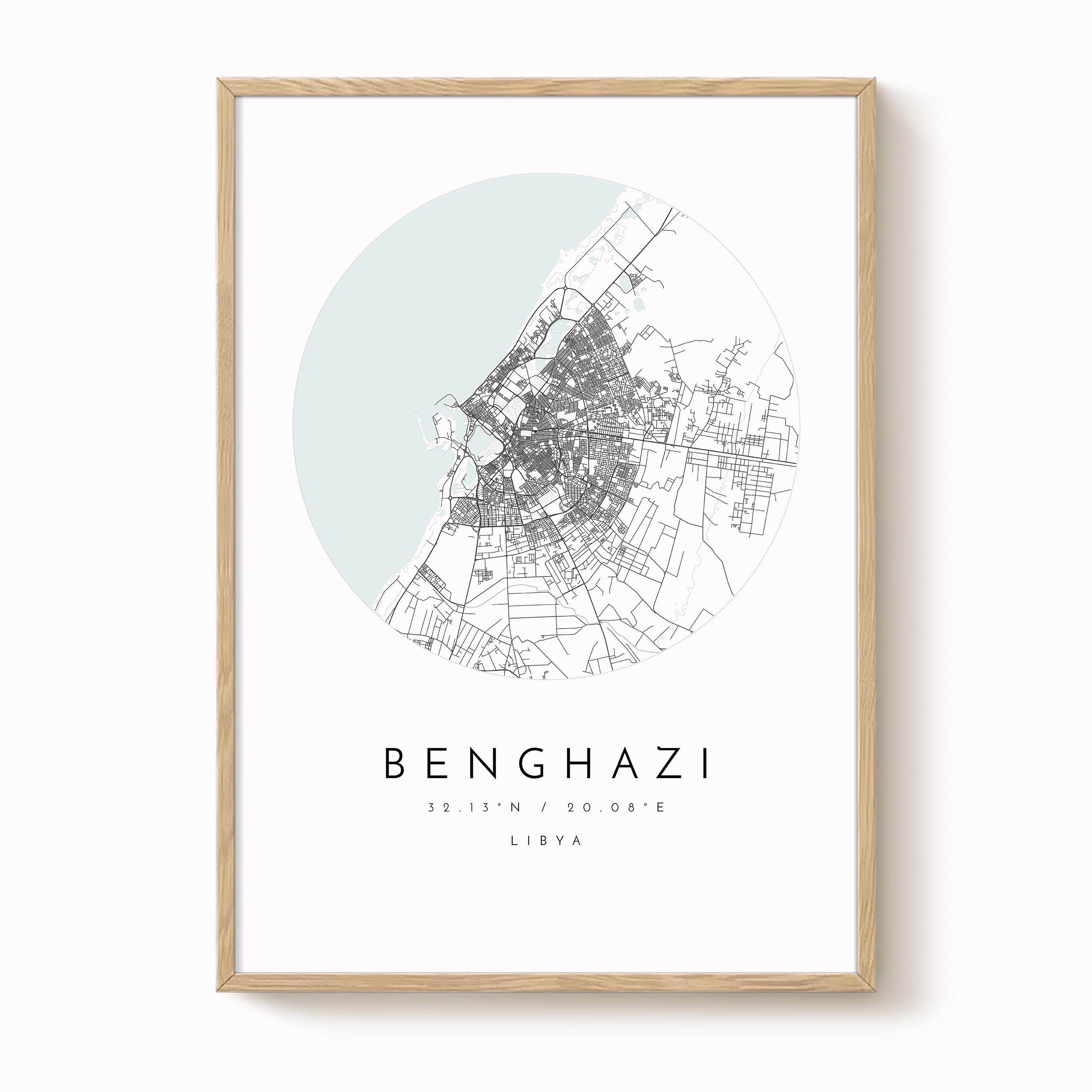 Benghazi City Map: Modern Wall Art Prints (matte Paper, Various Sizes ...