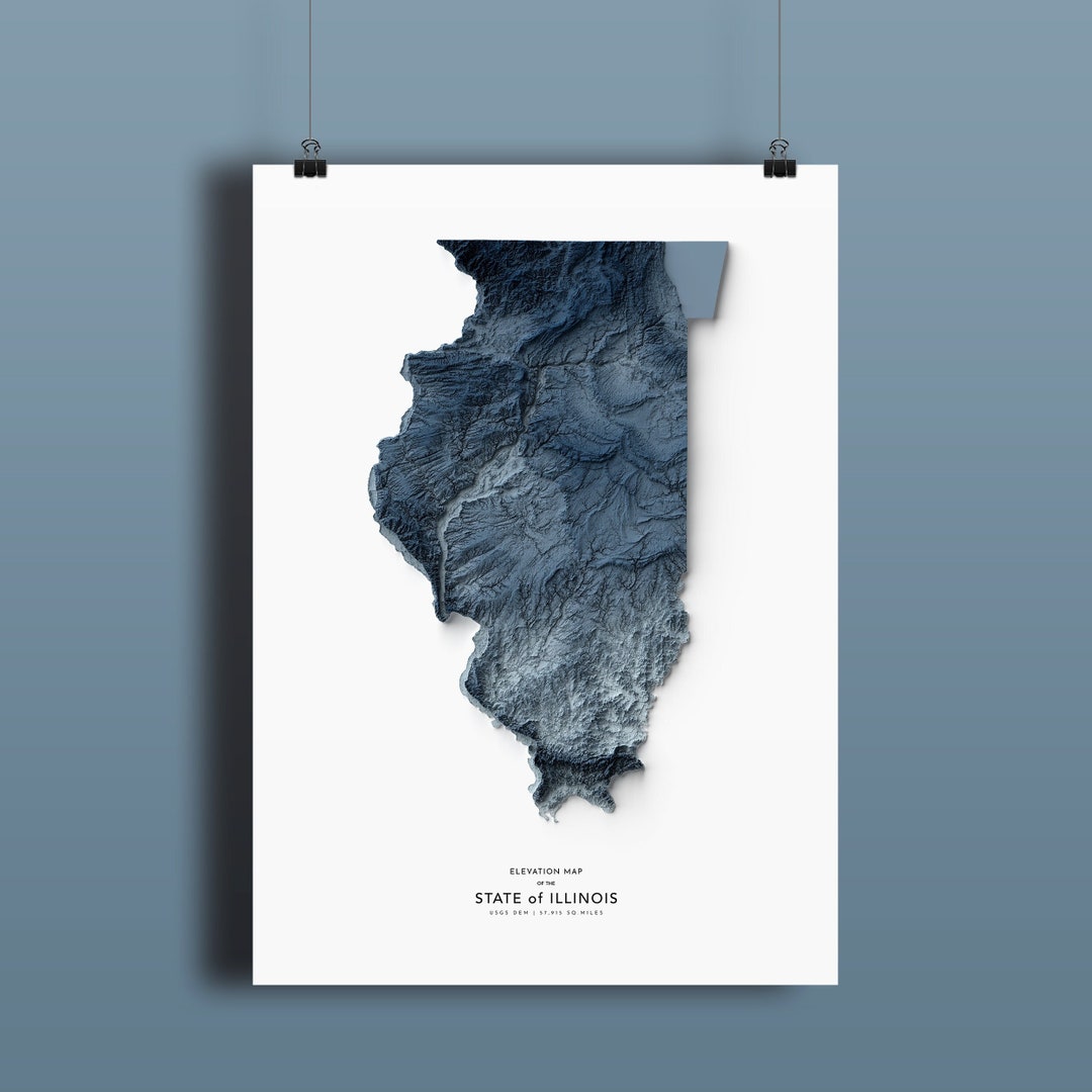 Illinois Map, Elevation Map Print, Map Artwork, Illinois Landscape ...