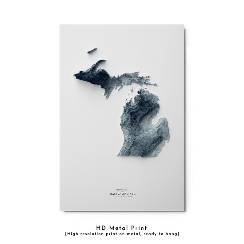 Michigan Map, Elevation Map Print, Map Artwork, Michigan Landscape ...