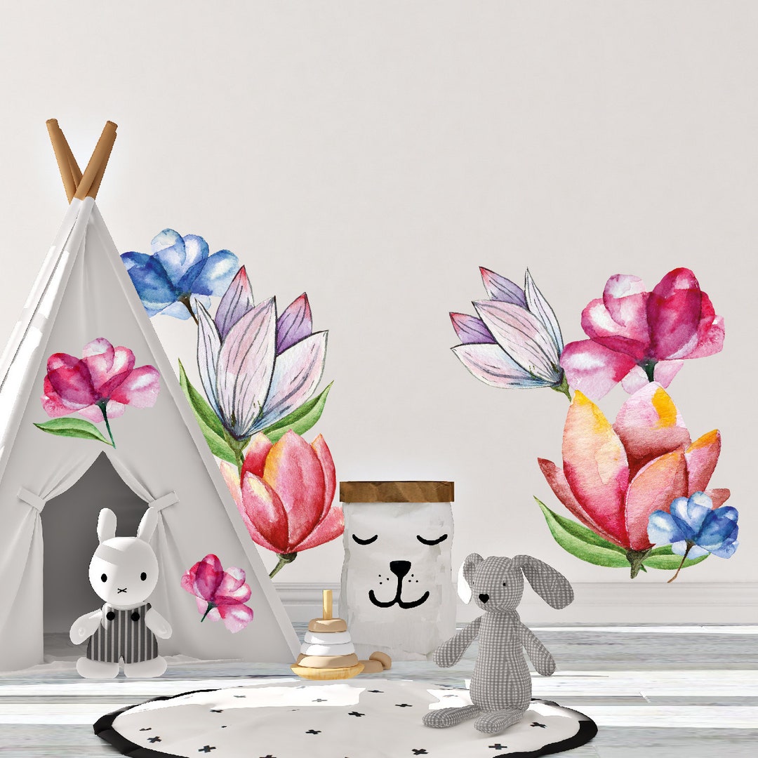 Big Flower Wall Decals | Watercolor Wild Flowers | Removable Reusable ...
