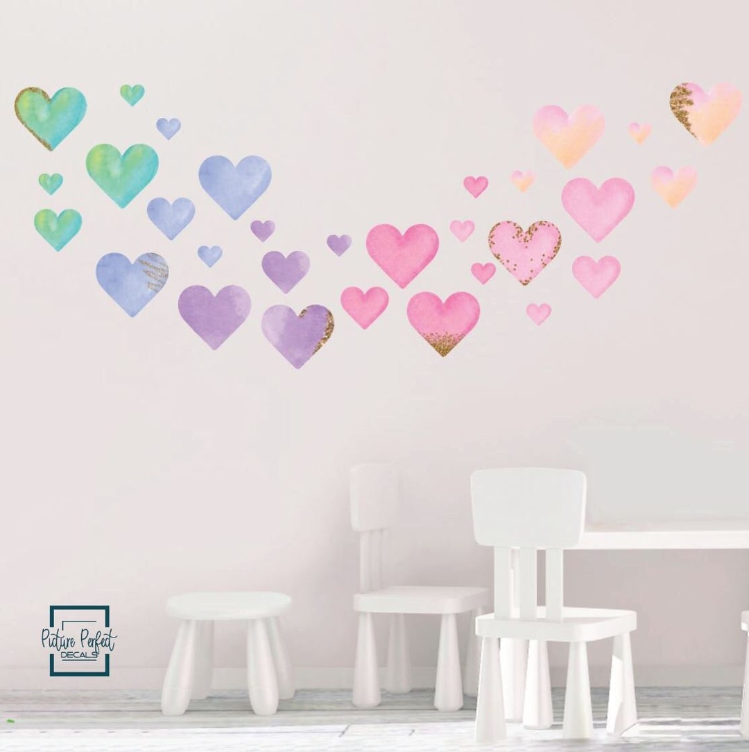 Watercolor Hearts Wall Decals | Rainbow Color Heart Wall Stickers for ...
