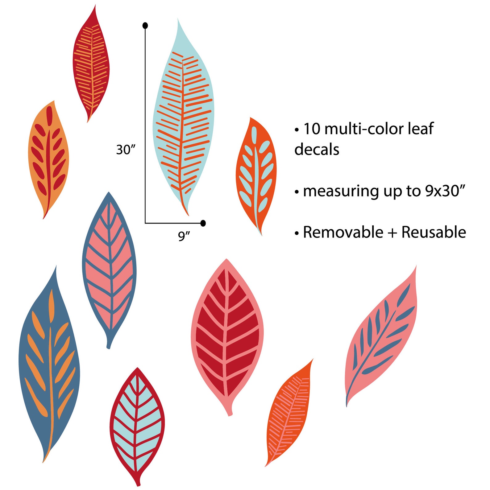 Large Leaf Wall Decals Multi Color Removable Feathers Leaves Etsy