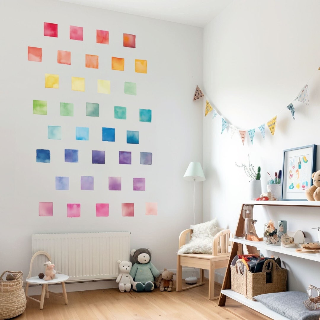 Painted Squares Wall Decals | Colorful Rainbow Watercolor Square Wall ...