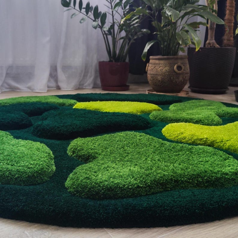 Round Green Moss Rug, Fluffy Grass Carpet, Tufted Botanical Nature Rug ...