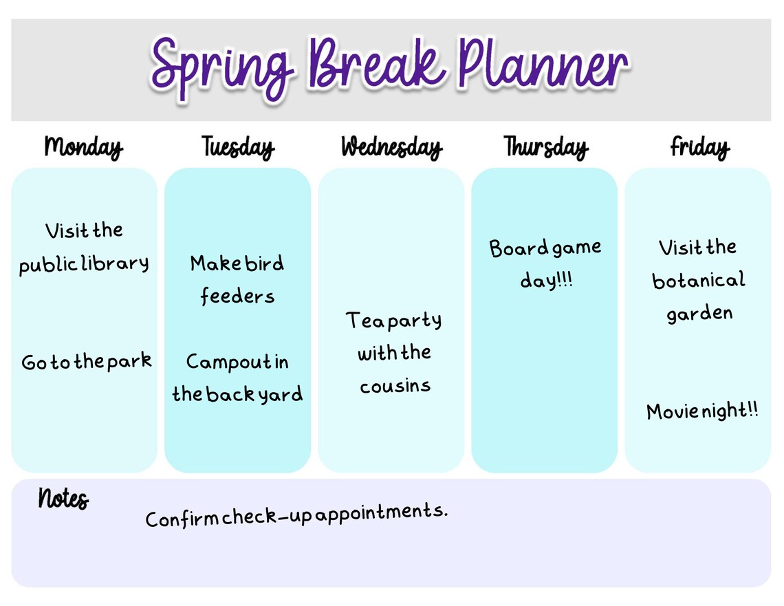SPRING BREAK at Home Planner Printable, Spring Break Planner for Kids ...