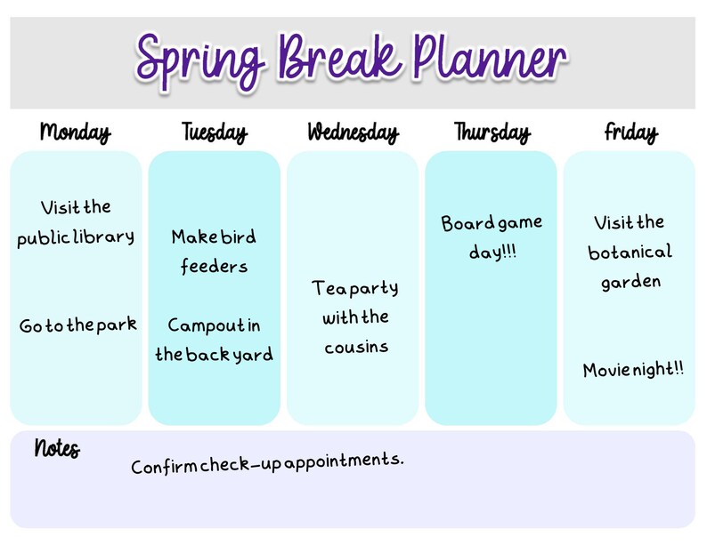 SPRING BREAK at Home Planner Printable, Spring Break Planner for Kids ...