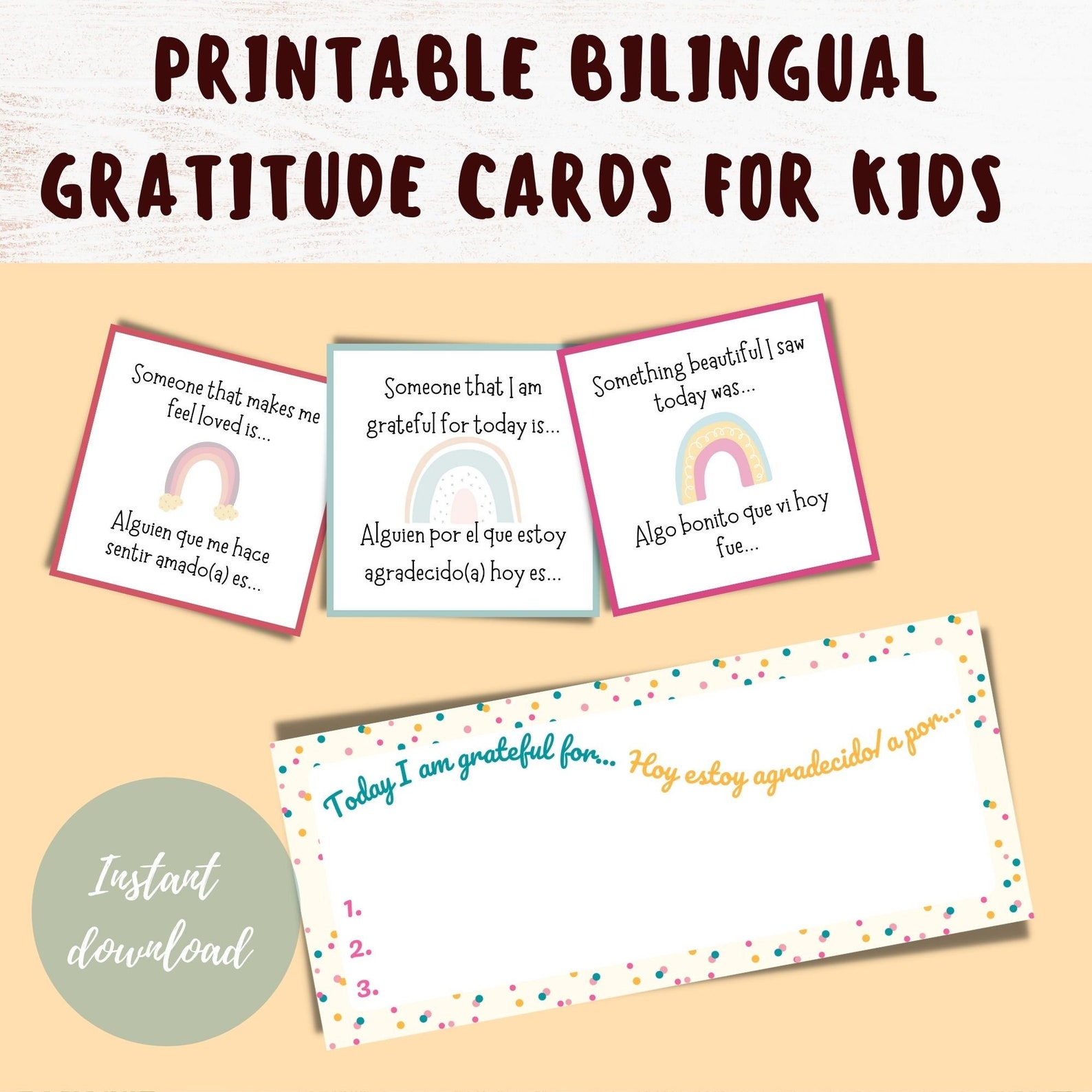 Bilingual Gratitude Cards for Kids, Printable Gratitude Cards and ...