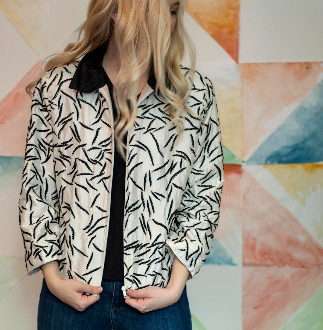 Black and White Beaded '90s Anage Jacket 100% Silk | Vintage Sparkly ...