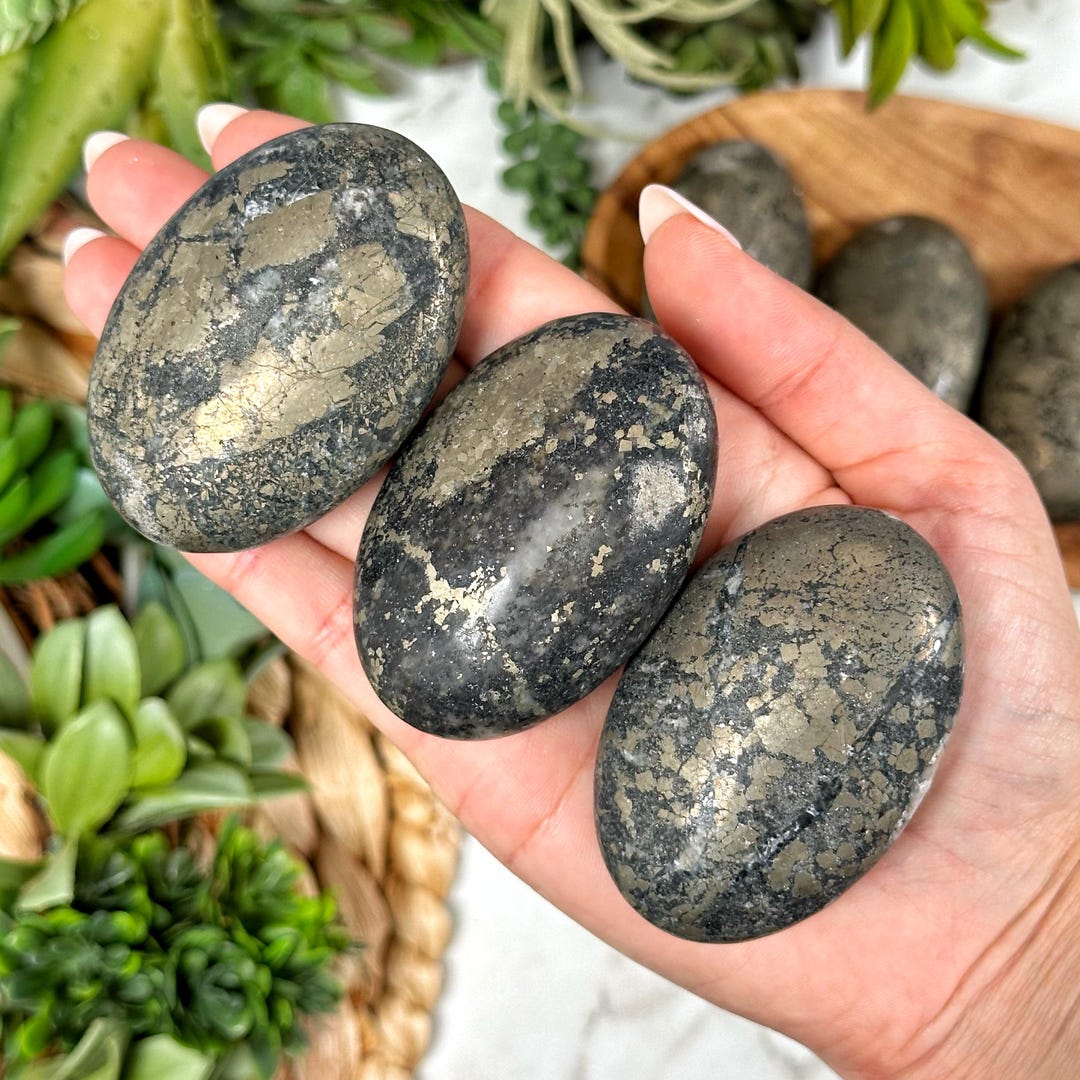 Pyrite Palmstone | S, L | - No. 150 (polished Gold Crystal Pocket Stone ...