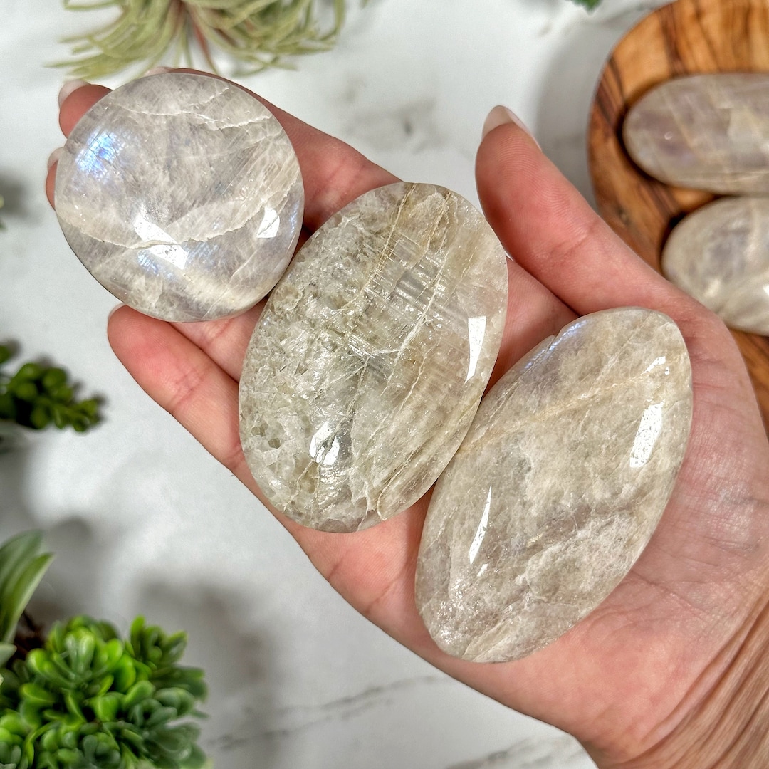 Flashy Moonstone Palmstone | S, L | - No. 128 (polished White Crystal ...