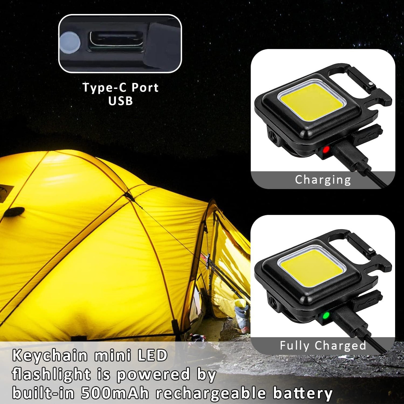 COB LED Keychain Light & Multi Function USB-C Rechargable Cable ...