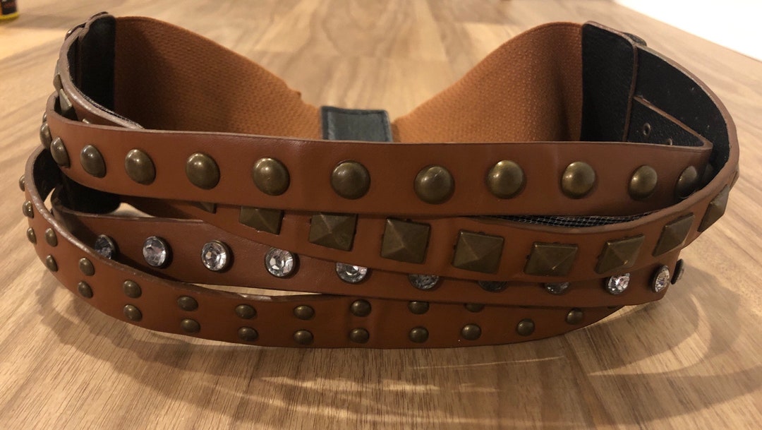 Chunky Brown Belt | Leather Look | Brass Studs | Elastic | Small Medium ...