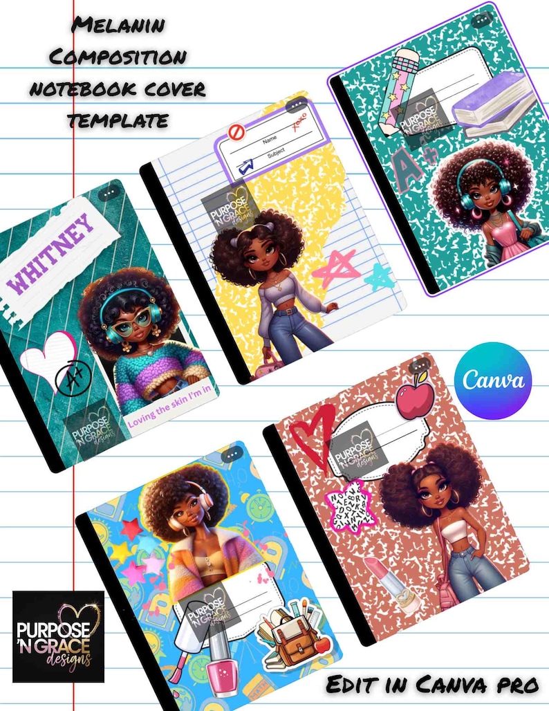 Melanin Girl Notebook Cover Templates: Afro Teen Planner Designs (canva ...
