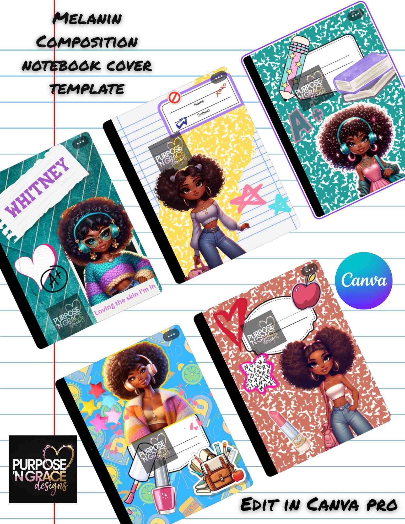 Melanin Girl Notebook Cover Templates: Afro Teen Planner Designs (canva ...