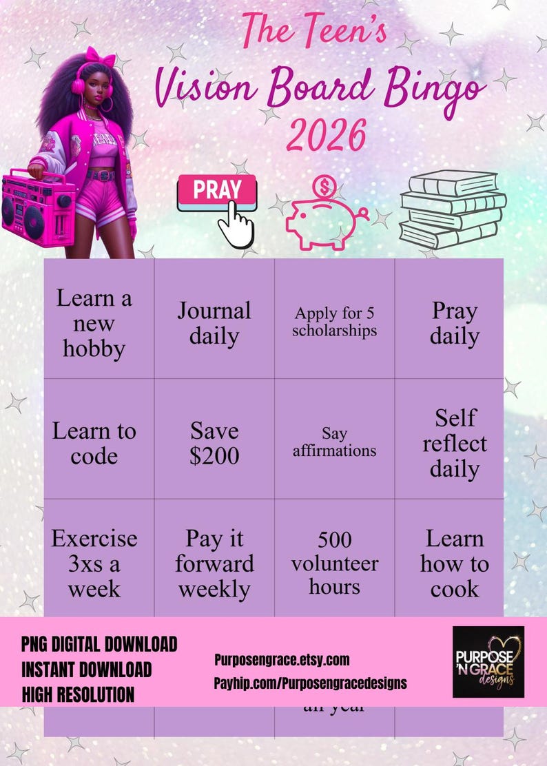 Teen Vision Board Bingo: Printable Goal Setting Party Game (digital ...