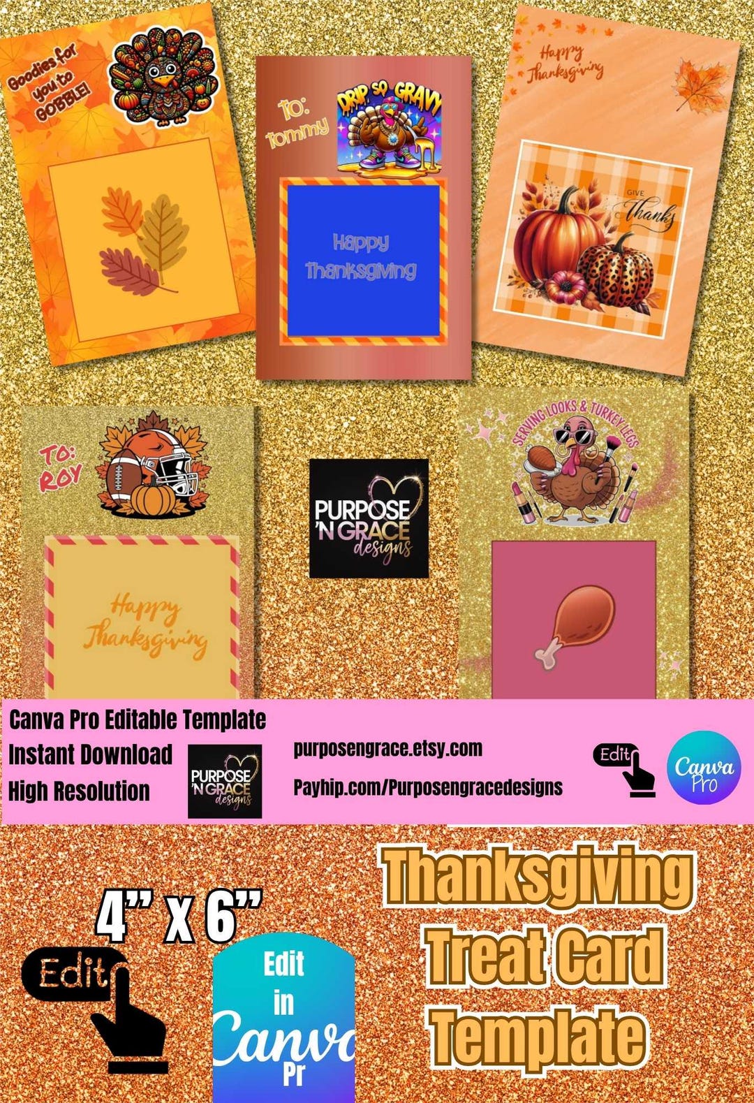 4x6” Editable Thanksgiving Card Templates – Canva Pro Printable ...