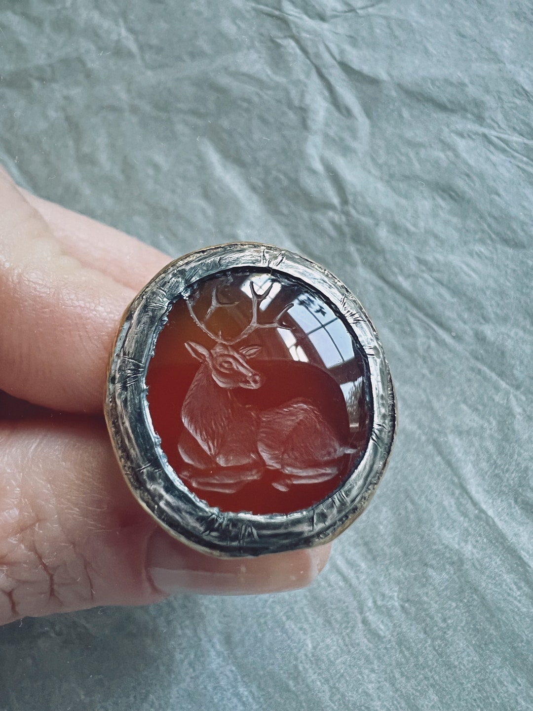 Unique Handcarved Carnelian Agate Stag Deer Intaglio Ring in Sterling ...
