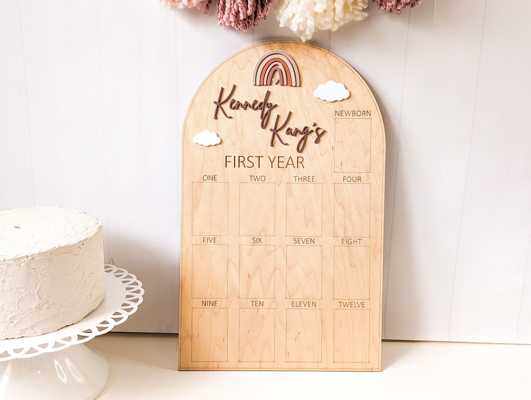 Boho Rainbow First Birthday Photo Board: Engraved Maple Wood Milestone ...