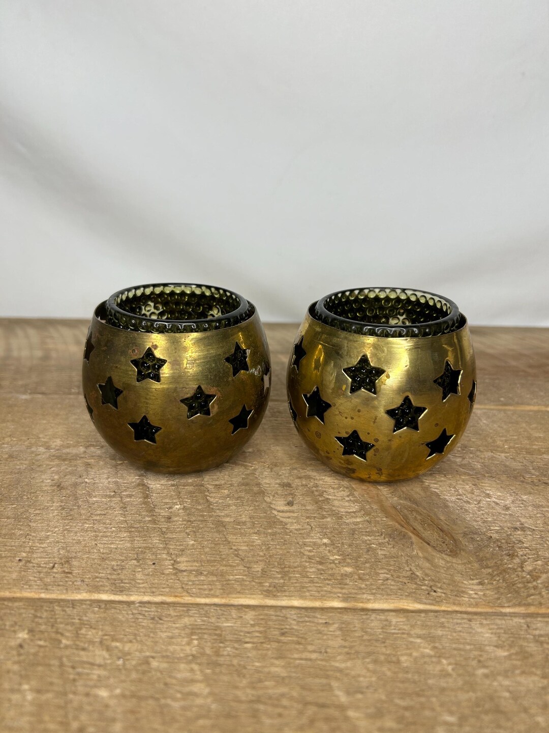 Vintage Brass Star Votive Candle Holders With Green Glass Inserts - Etsy