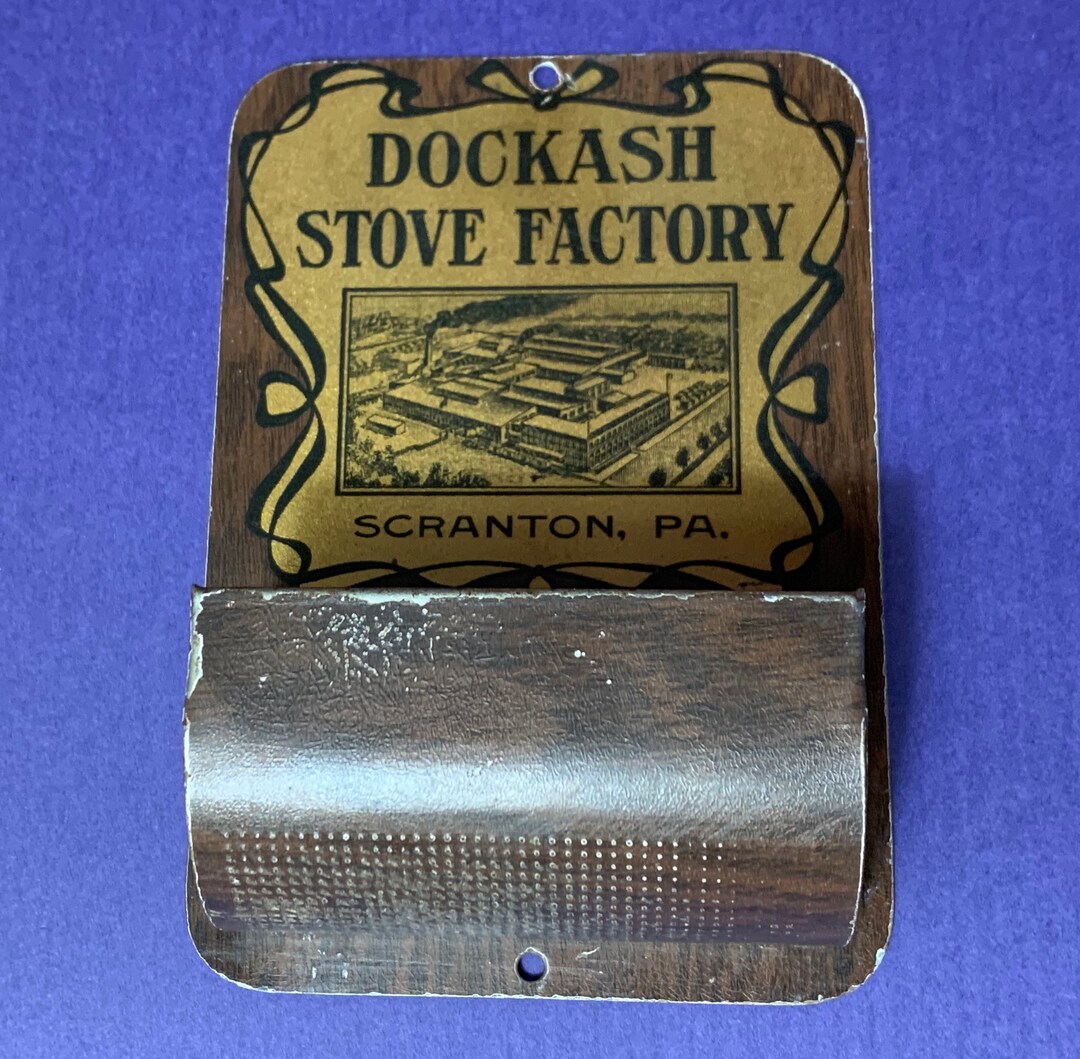 Match Safe Antique Litho Advertising Dockash Stove Factory Tin Scranton ...