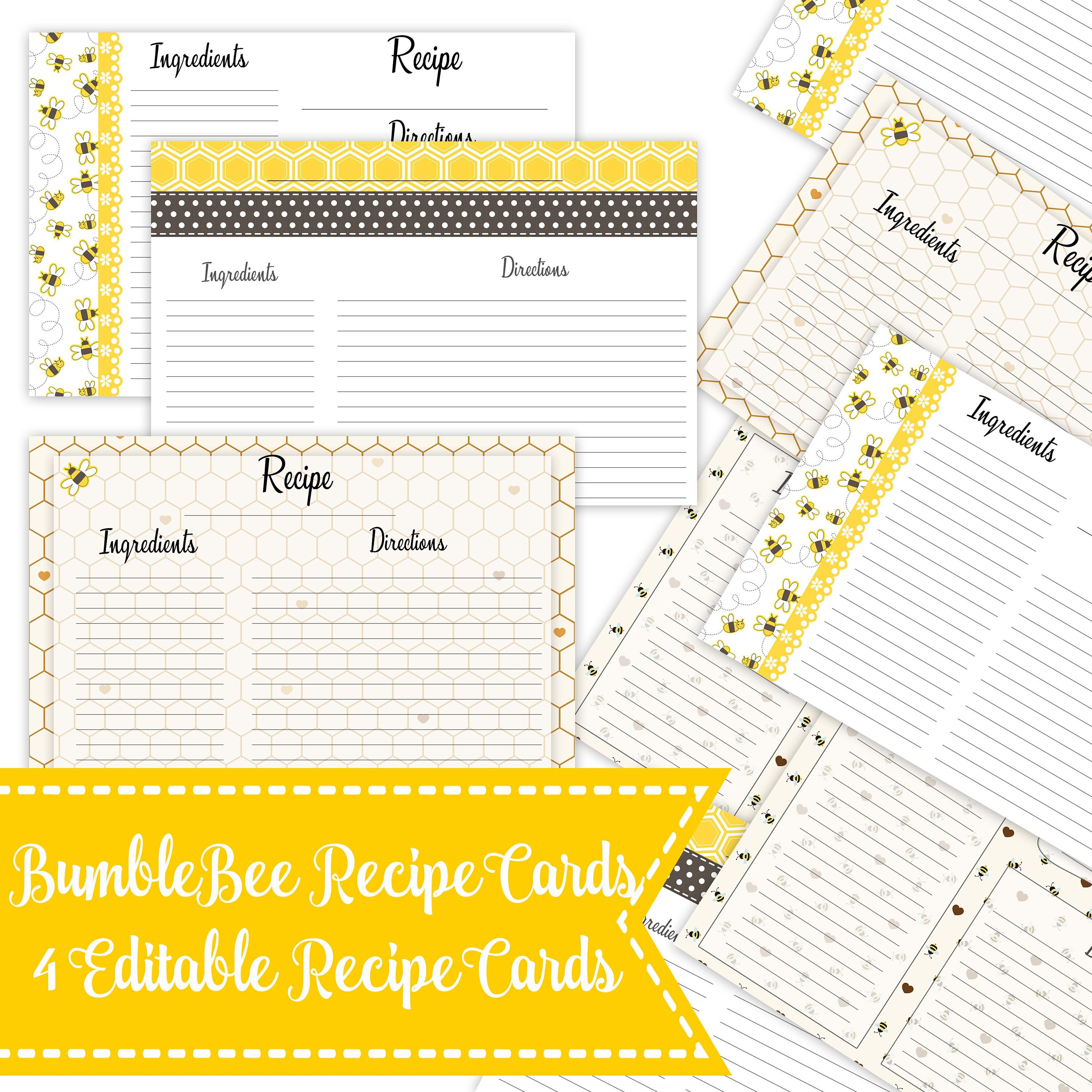 Bumble Bee Recipe Cards Printable Recipe Cards Editable Etsy