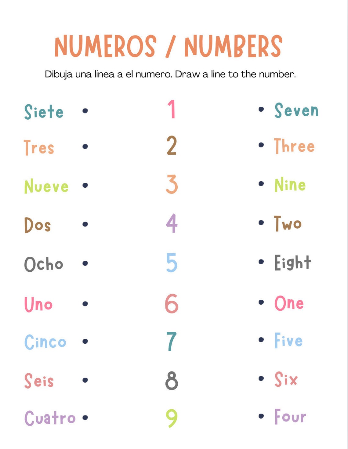 Spanish and English Number Matching Worksheet - Printable - Etsy