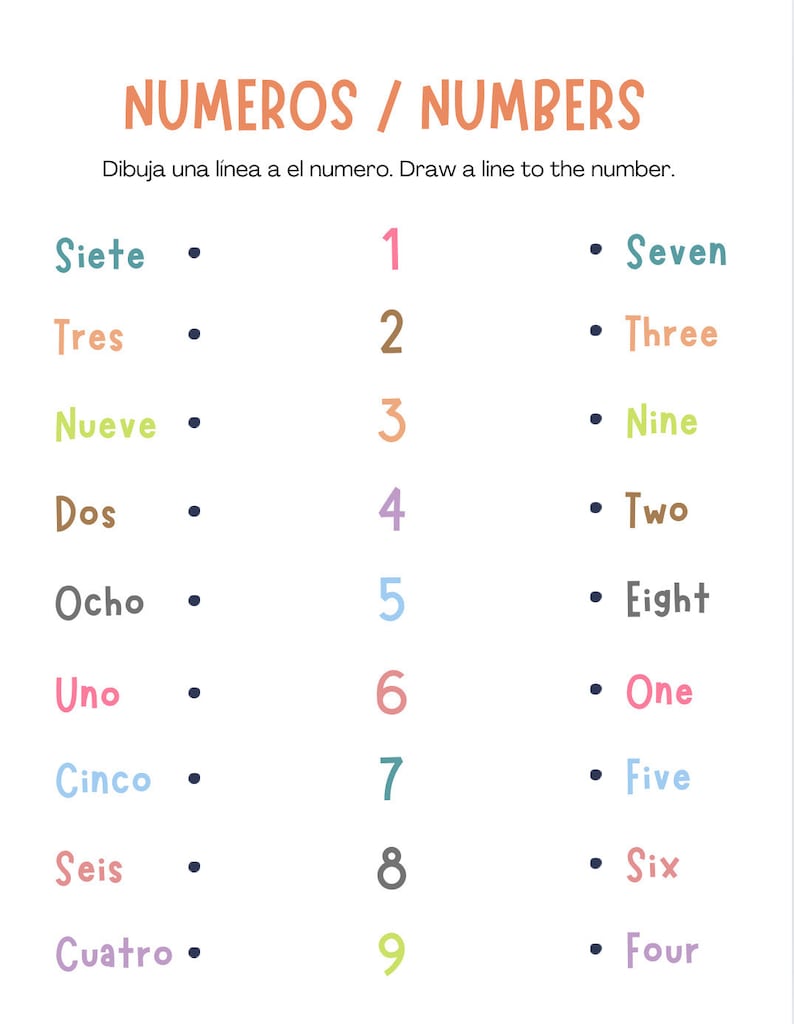Spanish and English Number Matching Worksheet - Printable - Etsy