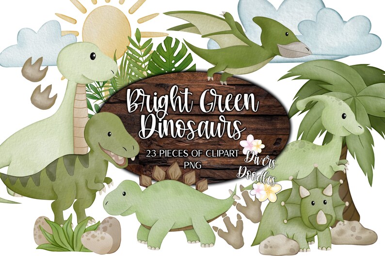 Dinosaur Scene Clipart, Watercolor Dinosaur Clipart, High Resolution ...