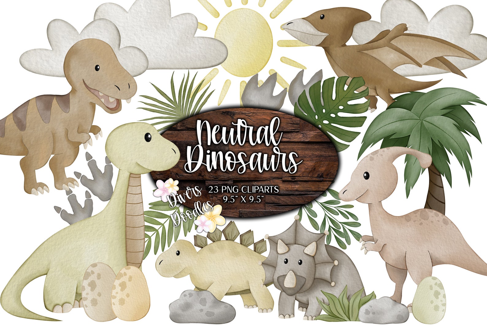 Dinosaur Scene Clipart, Watercolor Dinosaur Clipart, High Resolution ...