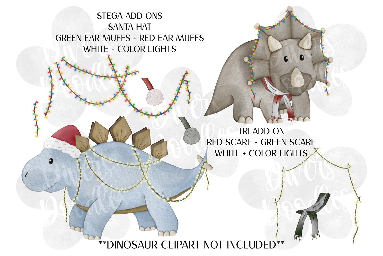 Christmas Dinosaur Clipart, Christmas Lights PNG, Dino Clipart, Clipart ...