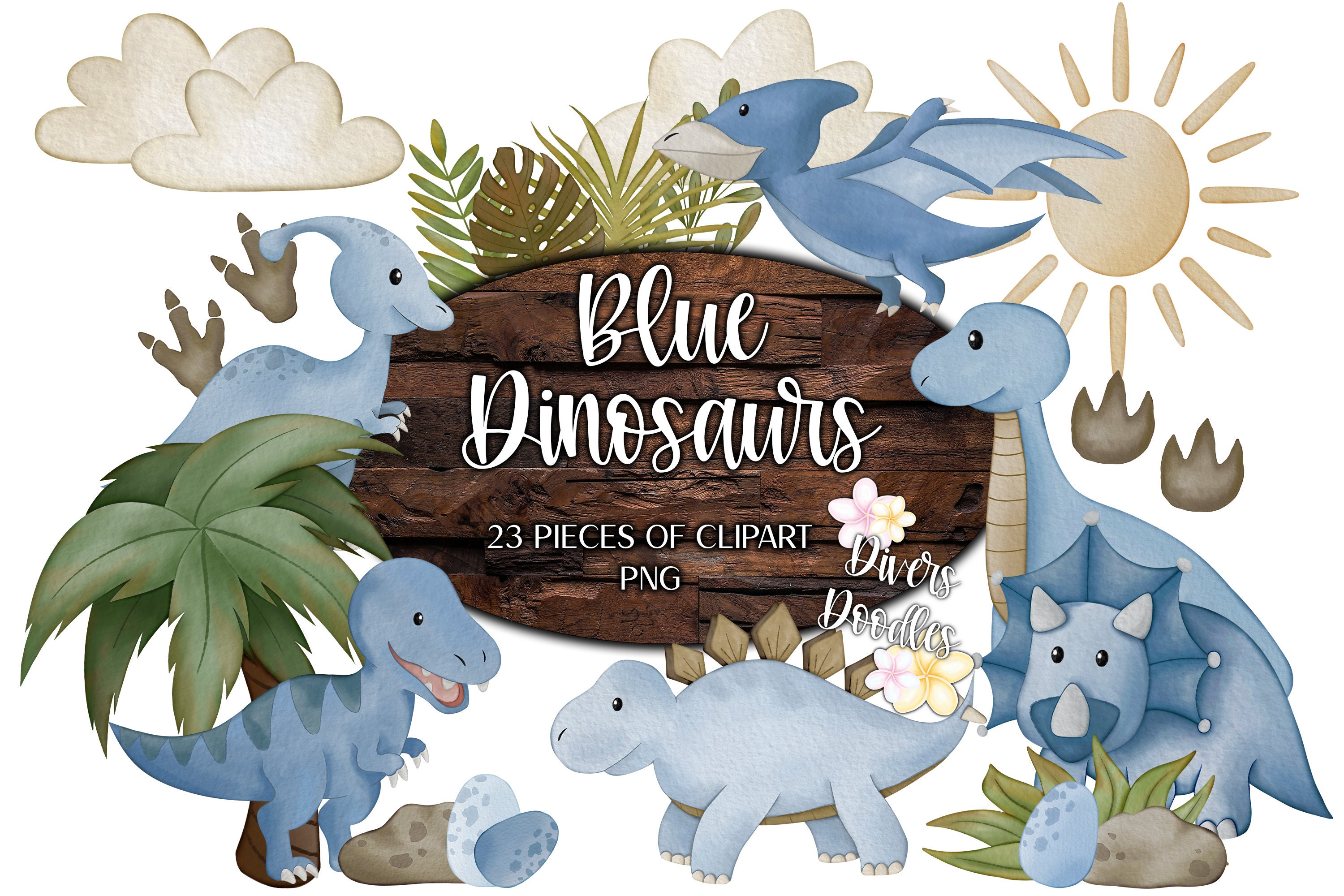 Baby Dinosaur Clipart PNG Blue Dinosaur Scene Clipart - Etsy
