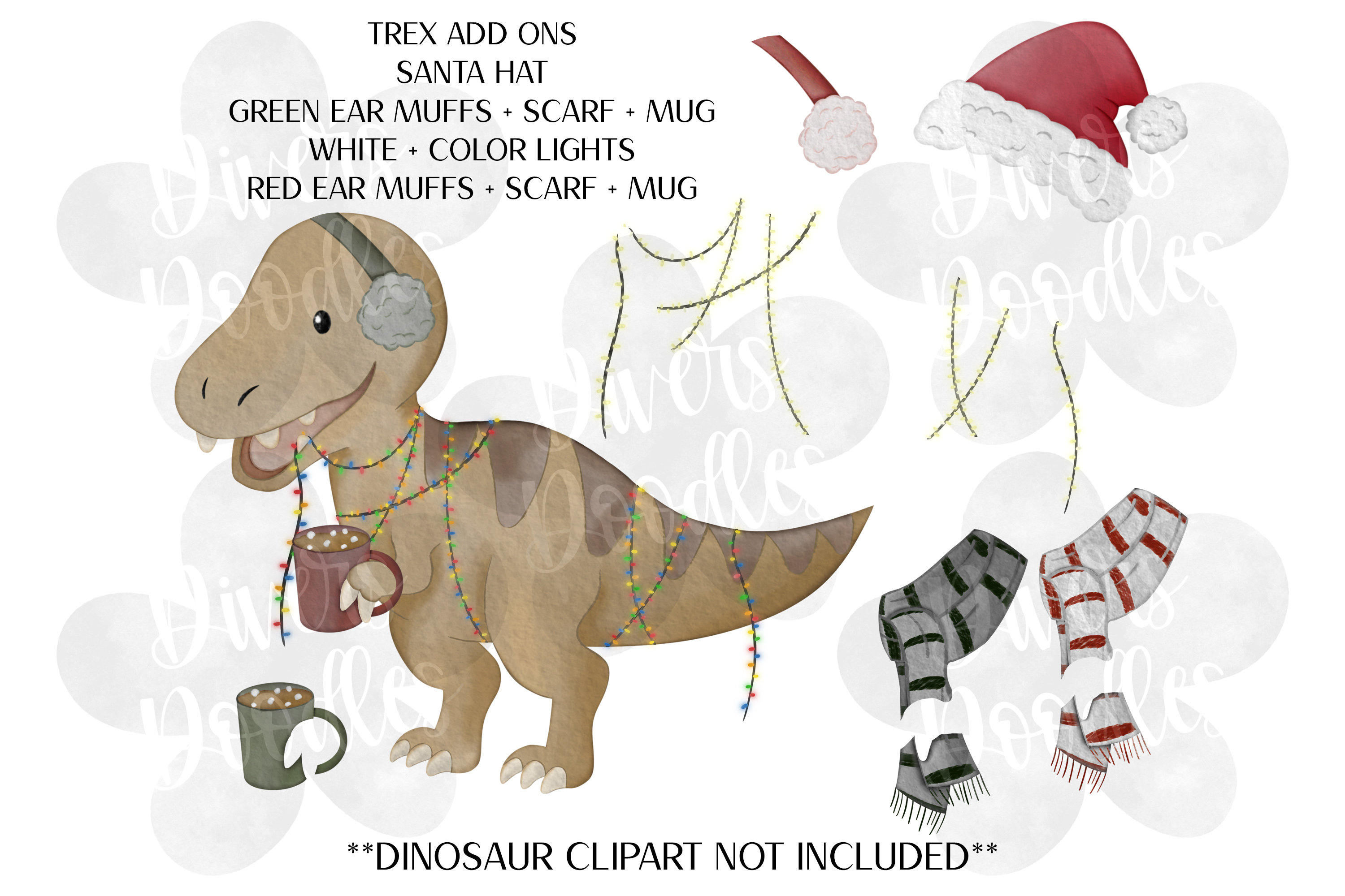 Christmas Dinosaur Clipart, Christmas Lights PNG, Dino Clipart, Clipart ...