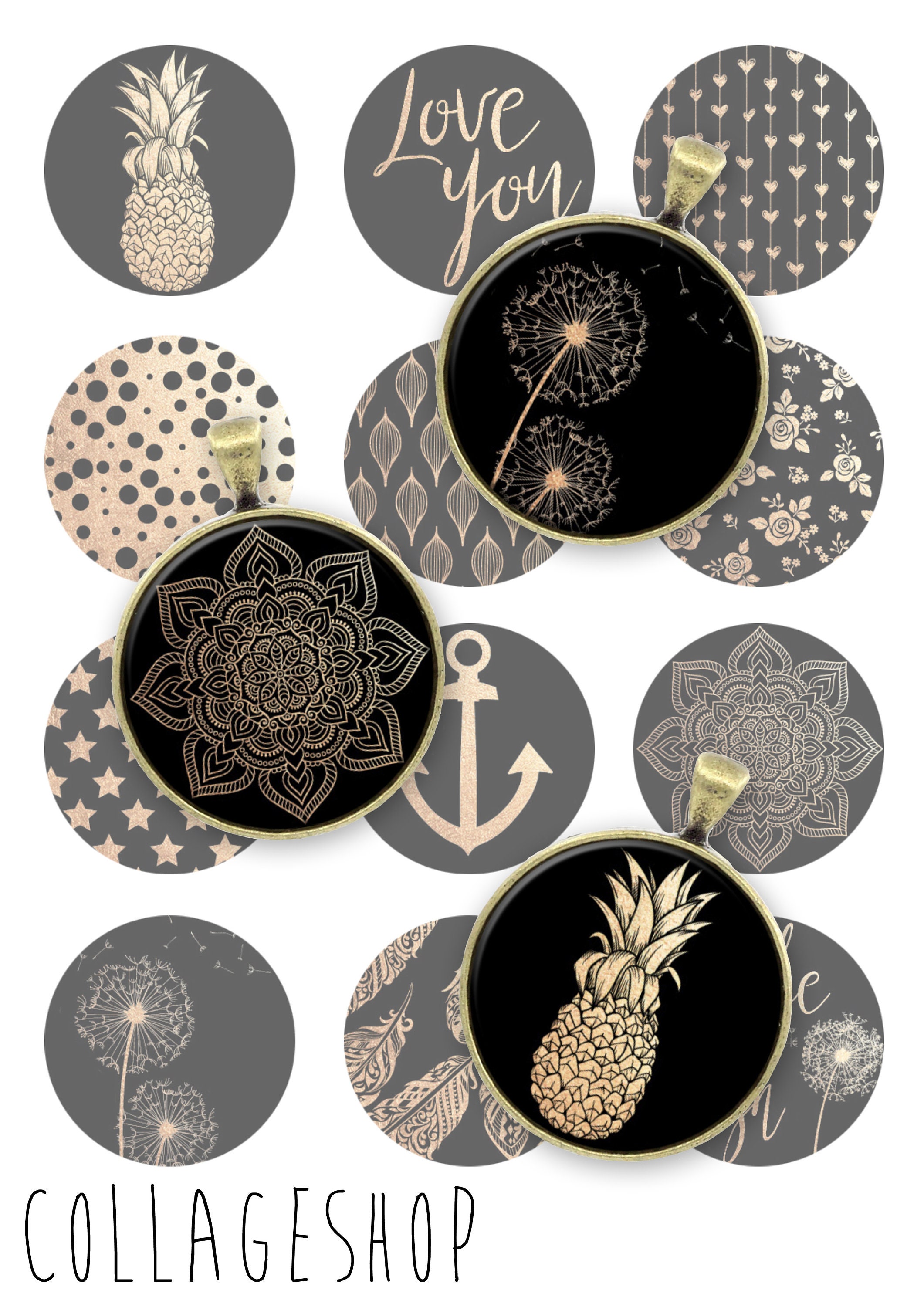 155 Digital Collage Sheet 1inch Round image black gold | Etsy
