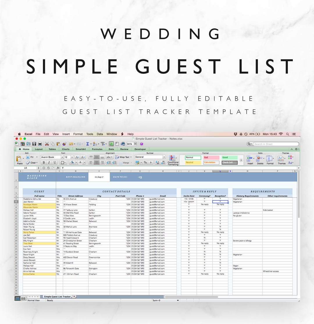 Wedding Guest List Spreadsheet Wedding Guest List Tracker Etsy