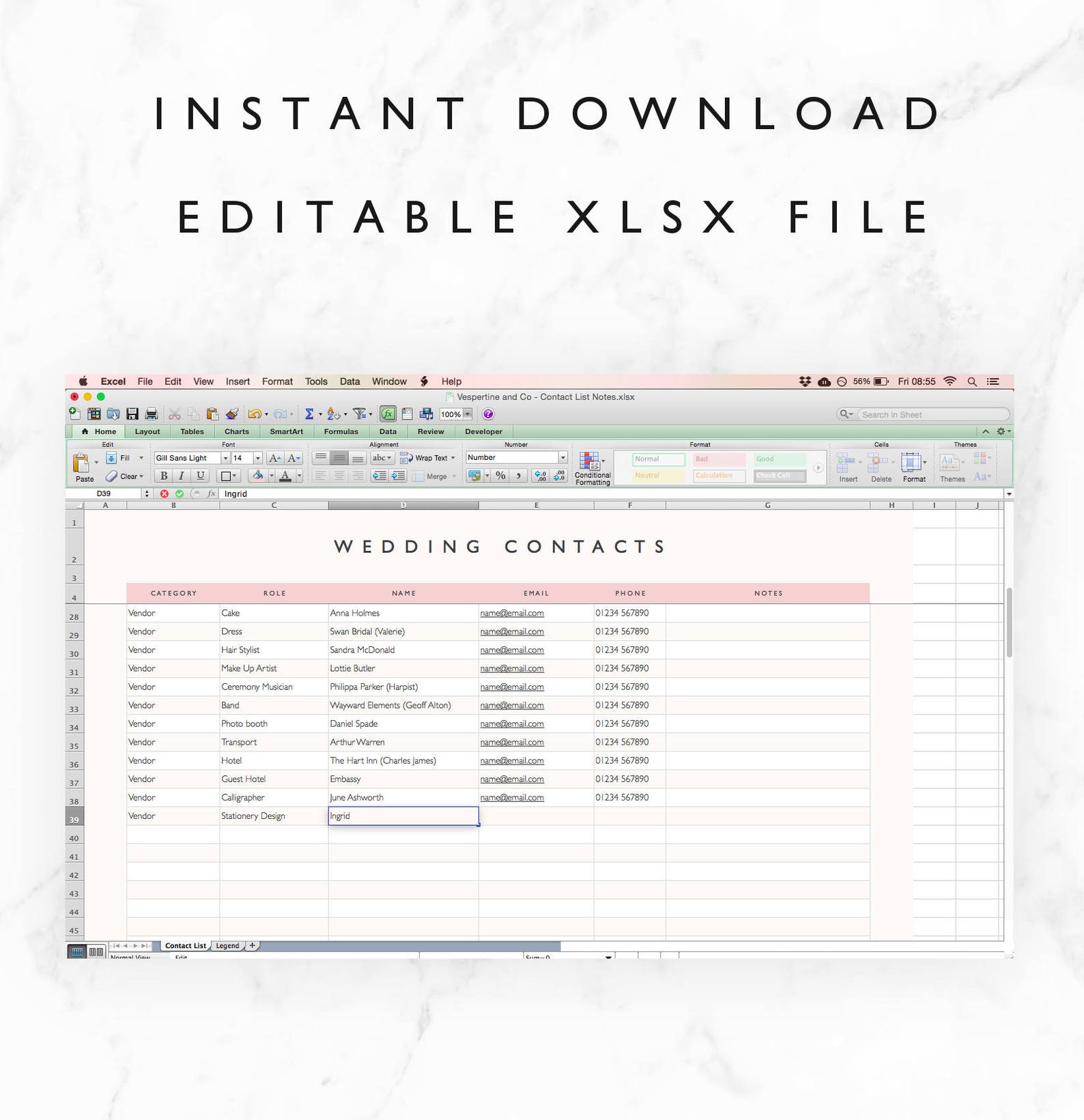 Wedding Contact List Template - Excel Spreadsheet + Printable PDF ...