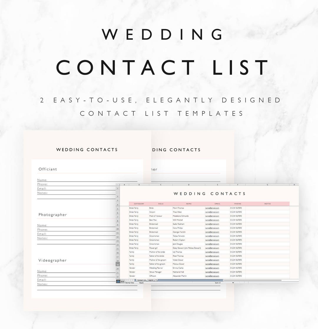 Wedding Contact List Template - Excel Spreadsheet + Printable PDF ...
