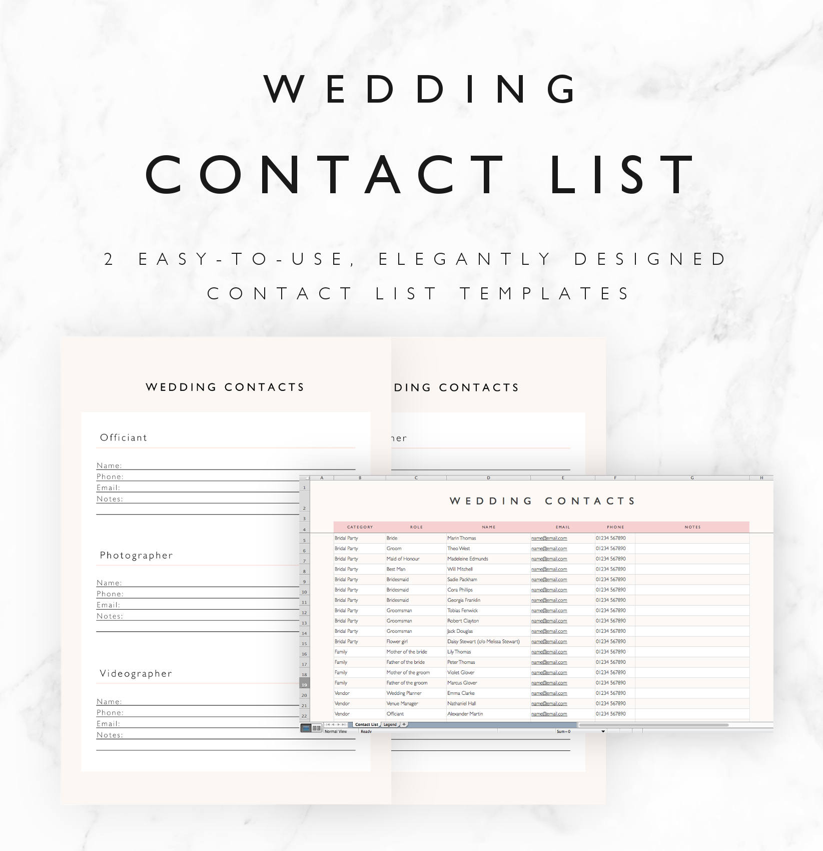 Wedding Contact List Template Excel Spreadsheet Printable Etsy